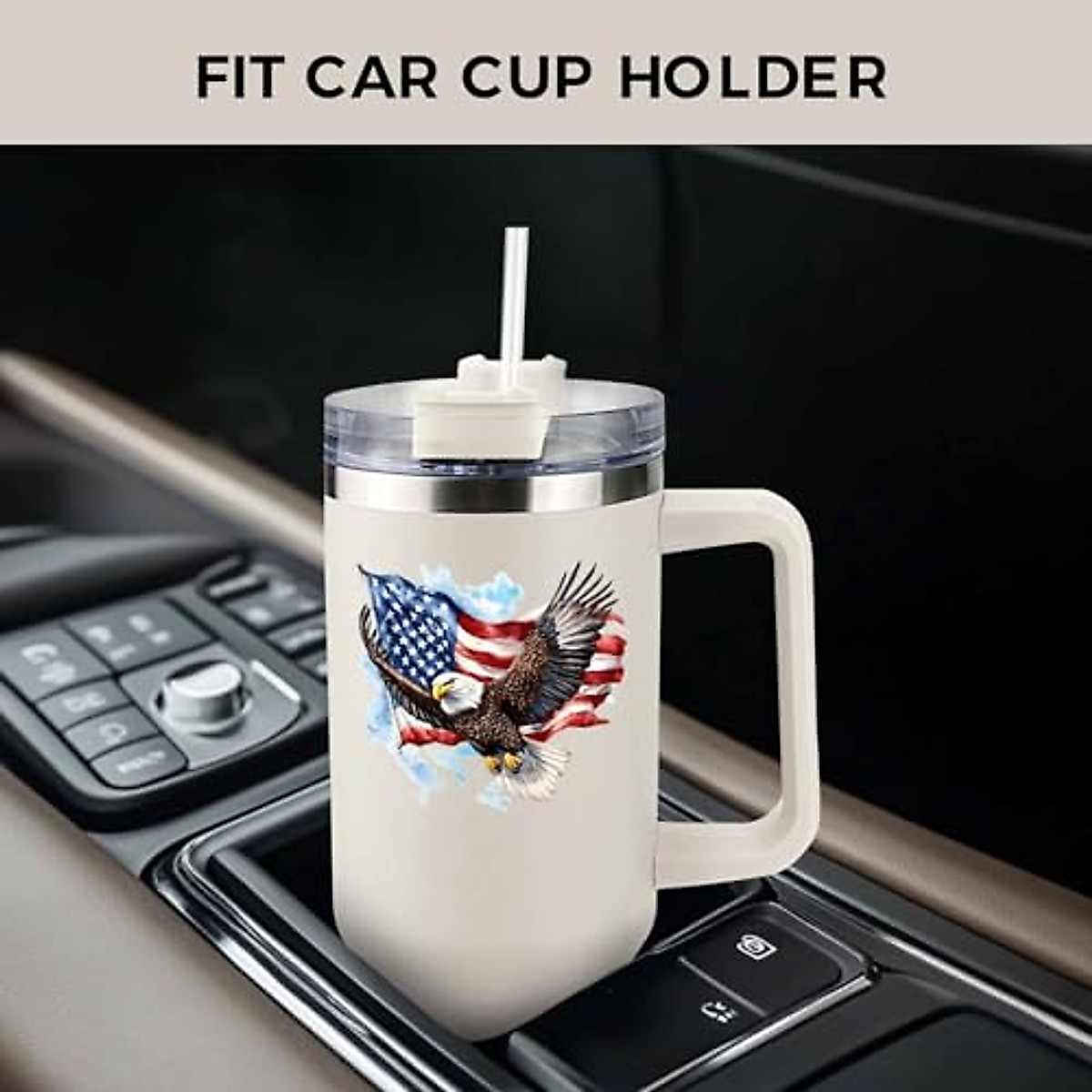 LB LEOBON 40 ounce insulated cup with handle, double-layer vacuum stainless steel material, equipped with straw, can keep warm or maintain cold drinks Eagle American Flag white