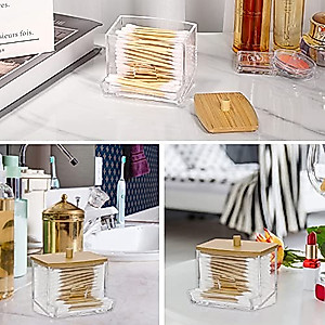 Hipiwe Acrylic Q-Tip Holder with Bamboo Lid - Clear Q-Tips Dispenser Bathroom Containers Canister Cotton Swab Holder Bathroom Countertop Storage Organizer for Q-tip Cotton Swab