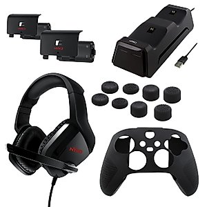 Deluxe Master Pak for Xbox Series X|S | Dual Controller Charge Base | High Quality Wired Headset Designed for Ears | 2 Rechargeable Battery Packs | Silicone Controller Skin and Thumb stick Caps