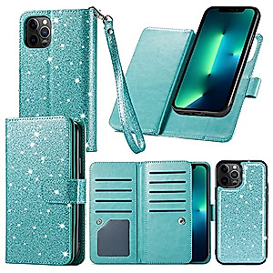 Varikke iPhone 13 Pro Max Wallet Case - Women's 9-Card Holder, Detachable Magnetic Cover, Kickstand, Glitter PU leather, Mint