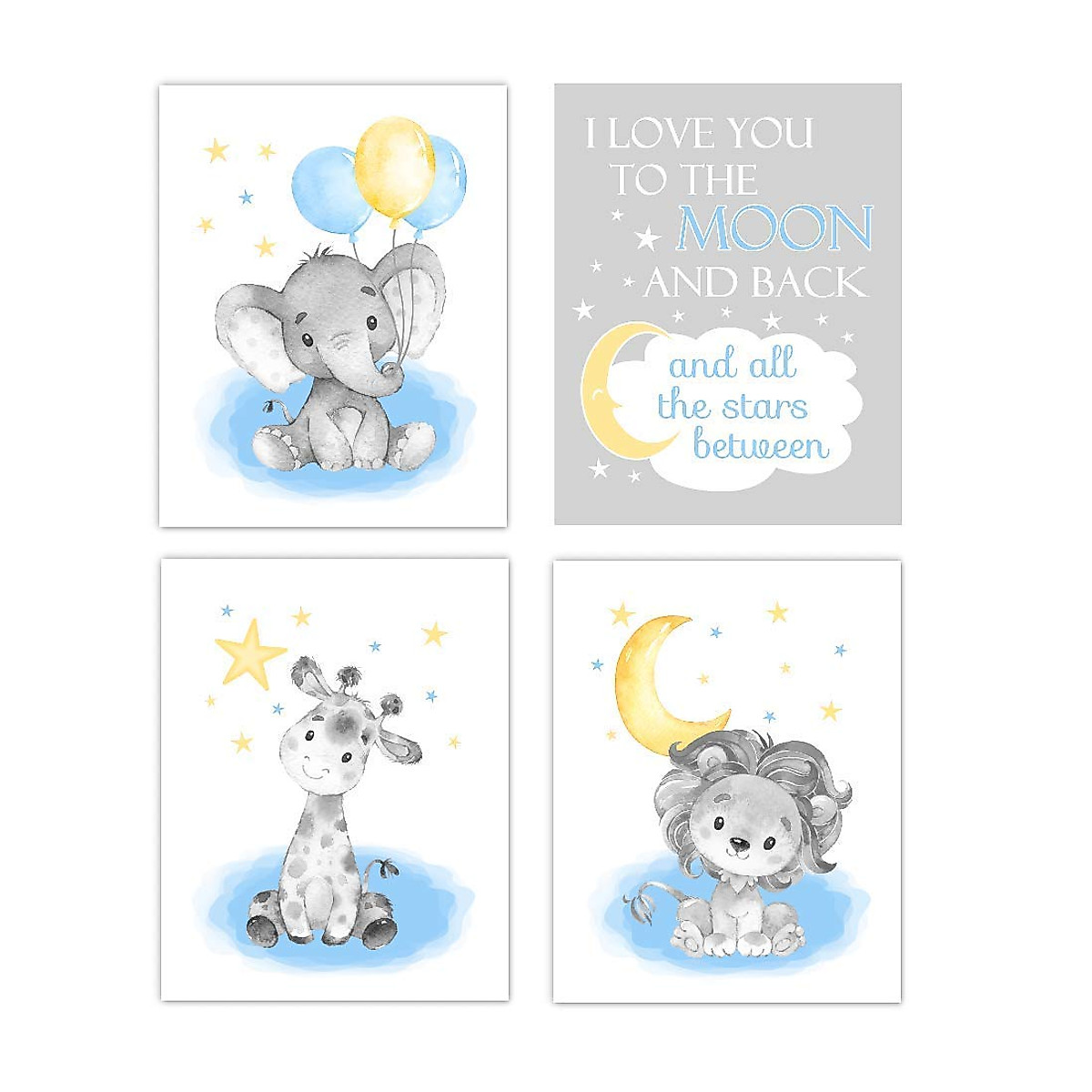 Baby Boy Nursery Art Elephant Giraffe Lion I Love You To The Moon Safari Animals Wall Decor 4 UNFRAMED PRINTS