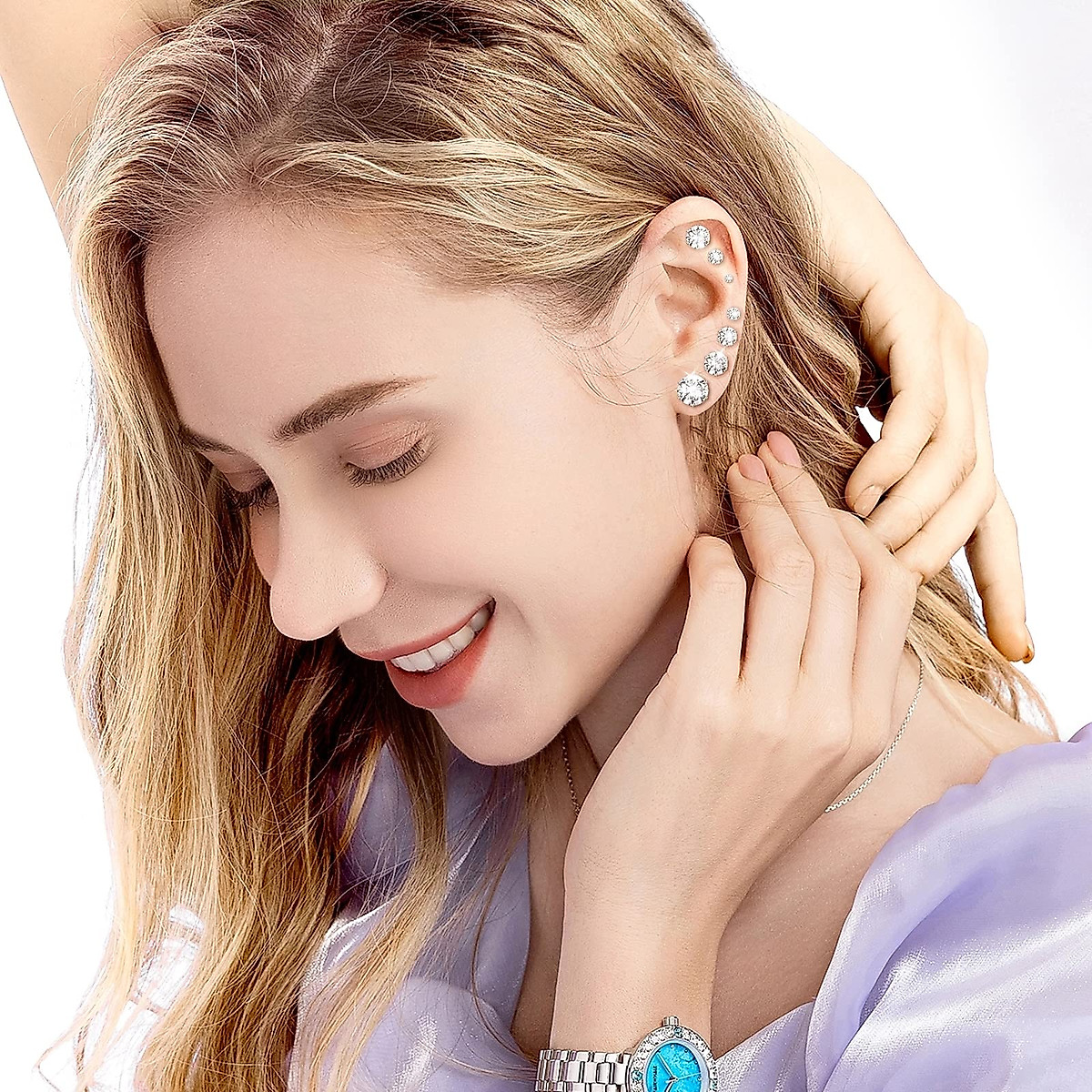 Silver Gold Black Stud Earrings Set 7Pairs Hypoallergenic Cubic Zirconia Titanium Stainless Steel Silver Rose Gold Black CZ Cartilage Stud Earrings Jewelry Sets for Women Men, 2-8mm CZ Stud Earrings