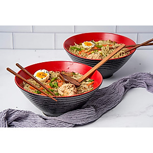 KooK Ceramic Japanese Ramen Bowl Set, with Wooden Spoons and Chopsticks, Noodle Soup Bowl, Microwavable, for Udon Soba Pho Asian Noodles, 60 oz, Black/Red, Set of 2