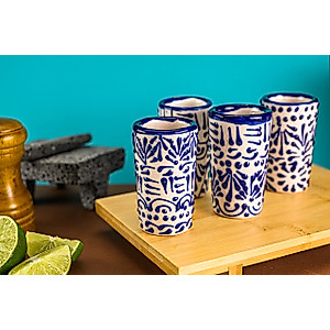 MEXTEQUIL - Talavera Shot Glasses Set of 4 Authentic Mexican Tequila Shot Glasses - Hand-painted - 2 Oz (Blue Lace)
