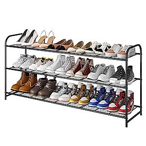 Ekisemio Extra Long 3-Tier Shoe Rack Organizer, Stackable Double Shoe Shelf Storage for 42 Pairs, Heavy Duty Metal Wire, Black