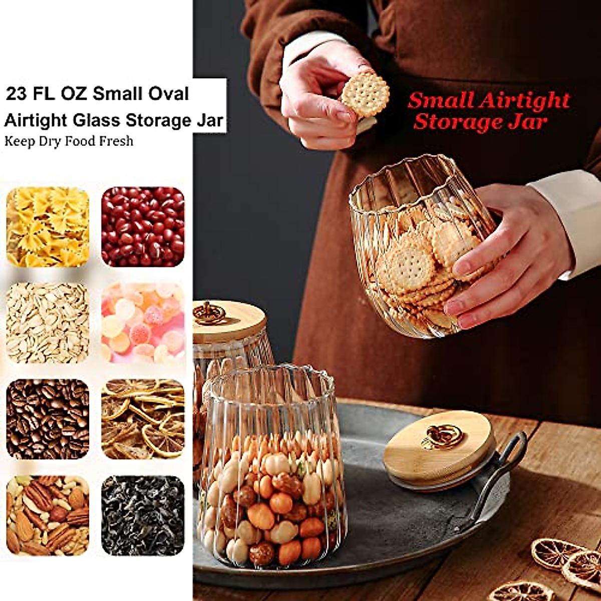 FANTESTICRYAN Glass Coffee Nuts Canister Airtight Storage Jar Petal Decorative Container with Bamboo Lid Metal Handle Easy to Grasp 700ml, 23 FL OZ