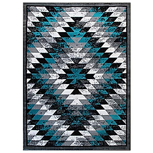 Masada Rugs, Stephanie Collection Area Rug Southwest Native American Distressed Design 1106 Turquoise Grey White Black (4 Feet X 5 Feet)