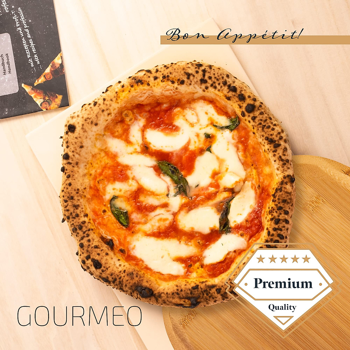 GOURMEO Pizza Stone Pan and Wooden Pizza Paddle - 15x11.8x0.6 inch - Cordiete Bread Beaking Stone w/Pizza Peel - Suitable for Oven & Grill