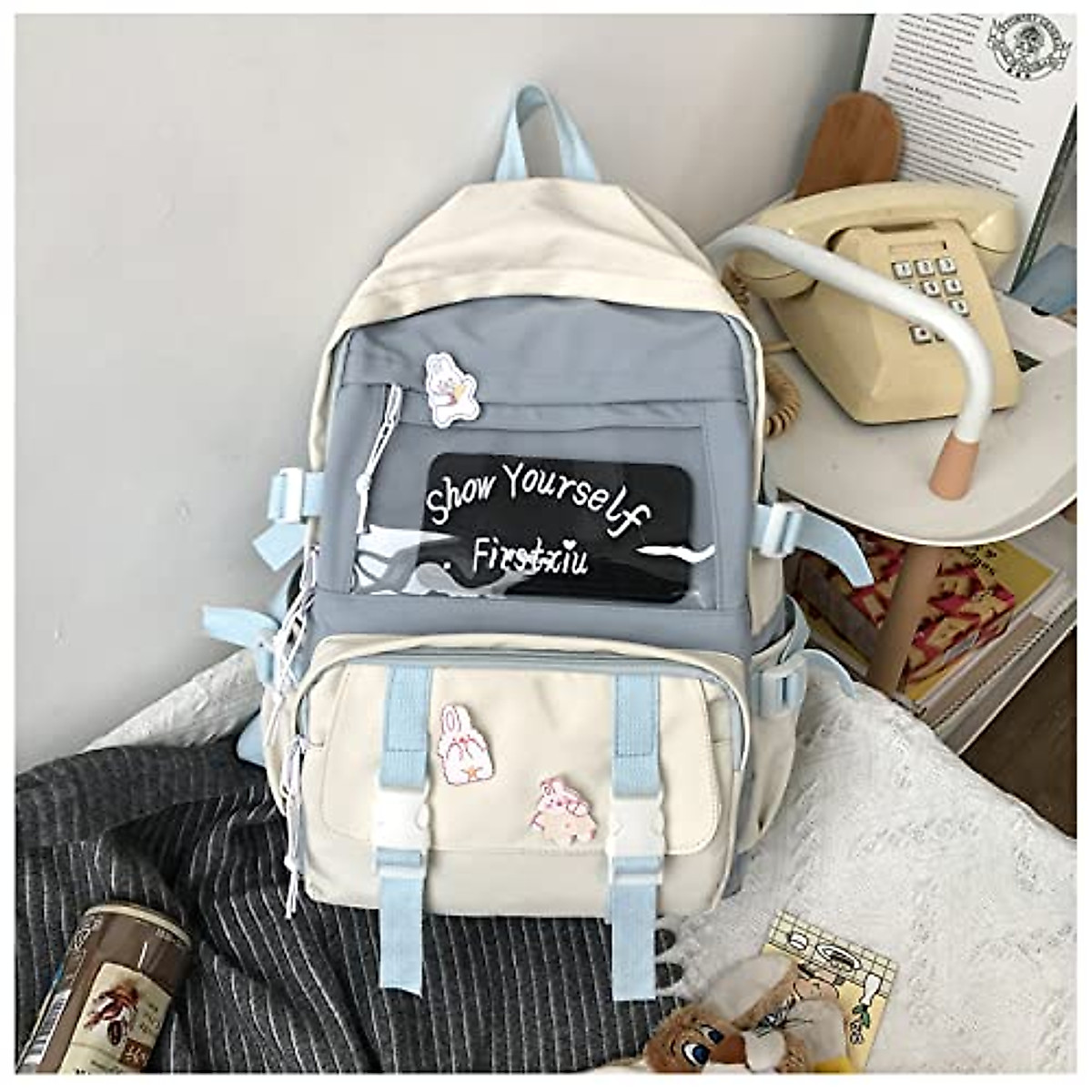 NCDUANSAN Kawaii Backpack with Kawaii Pin and Accessories Cute Kawaii Backpack for School Bag Kawaii Girl Backpack Cute(Blue)