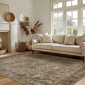 Bavni Area Rug 8x10 Machine Washable Vintage Distressed Print Ultra-Thin Chenille Bedroom Living Room Accent Rug, Low Pile Lightweight Non Slip with Gripper, Sage/Charcoal