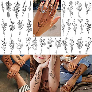 15 Sheets FANRUI Tiny Branch Black Flower Temporary Tattoos For Women Girl Floral Bouquet Small Tattoo Temporary Wild Plant Lavender Sweet Pea Larkspur Fake Tatoo Adults Face Hands Kids Kit Sticker