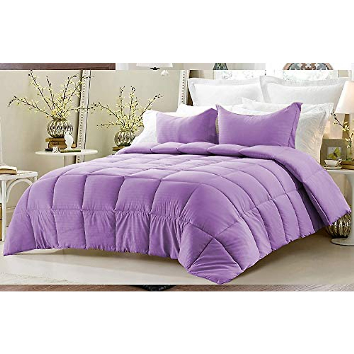 Oversized King Size Comforter Set-Stripes Down Alternative Comforter Sets Box Stitching Lavender Duvet Insert, All Season Bed Set with 4 Pillow Shams(Oversized King (98 x 118), 4 Pillow Shams)