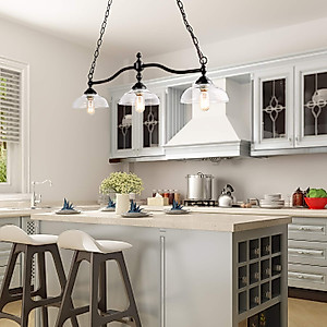 LOG BARN Dining Room Light Fixture Hanging, Farmhouse Chandelier in Rustic Black Metal with Clear Glass Shades, Adjustable Chains, Pendant for Kitchen Island