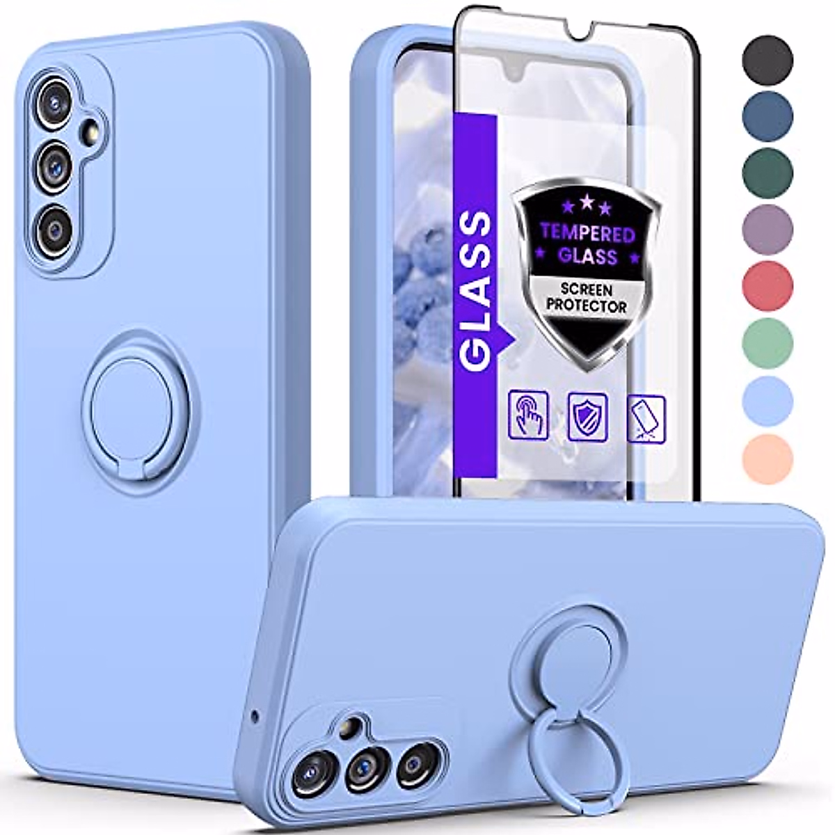 DagoRoo for Samsung Galaxy A14 5G Liquid Silione with Tempered Glass Screen Protector Case, Galaxy A14 5G with Kickstand Soft Slim Shockproof Protective Cases | Anti-Scratch Microfiber Lining (Purple)