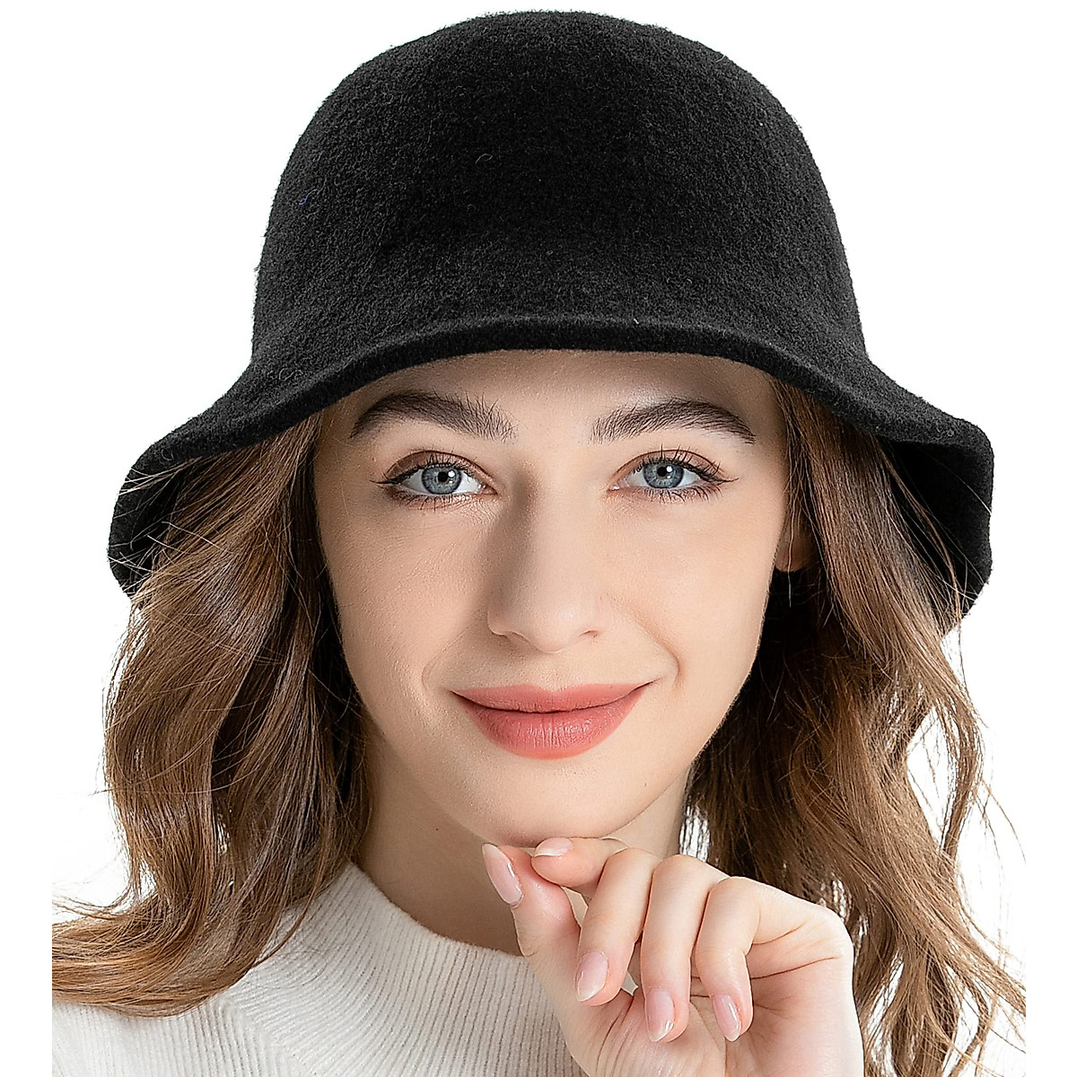 ZLYC Womens Winter Wool Bucket Hats Warm Solid Fedora (Black)