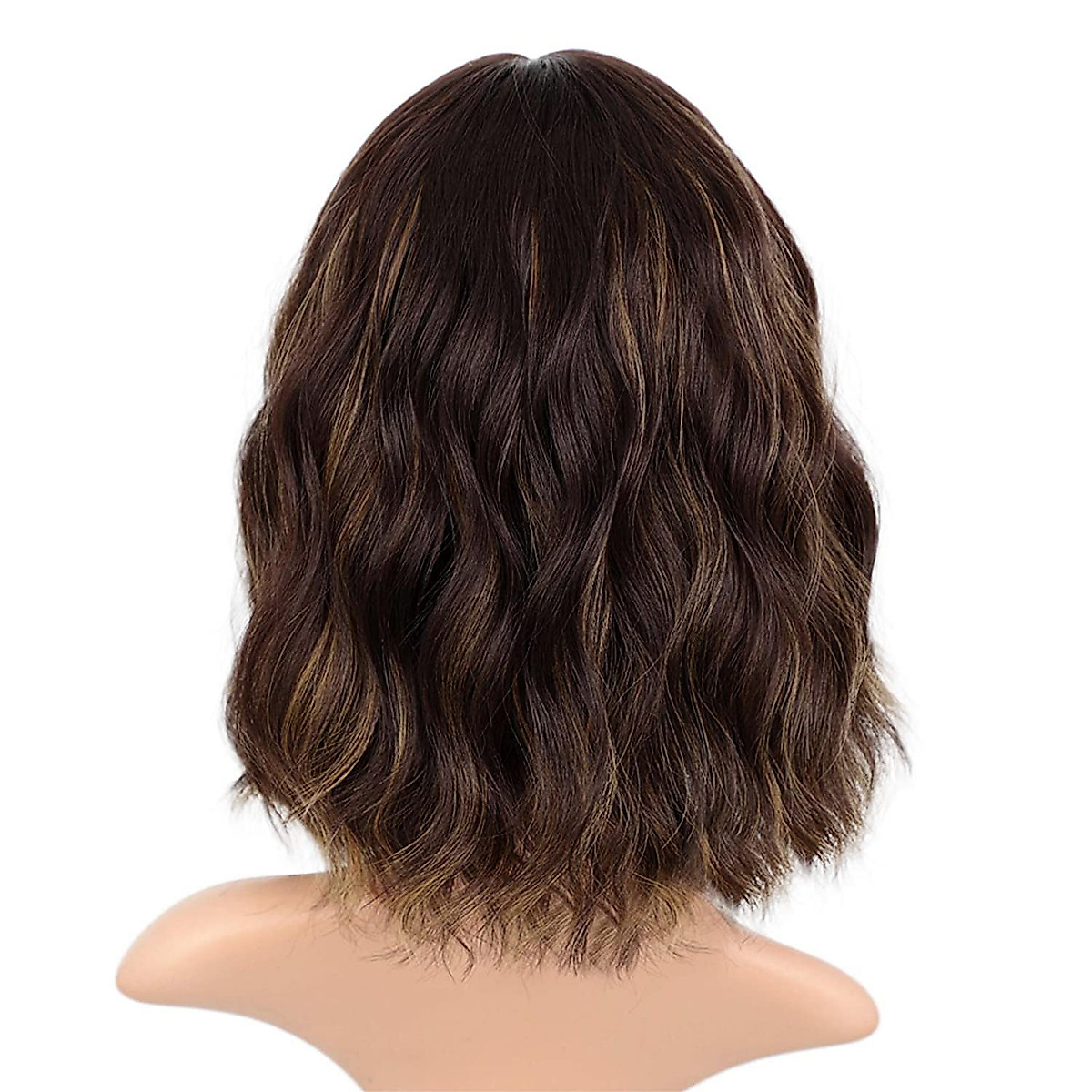 ENTRANCED STYLES Dark Brown Wigs for Women, Blonde Highlights Wig Natural Looking Short Wavy Bob Wig with bangs Medium Length Heat Resistant Synthetic Wig Daily Party Use 12”
