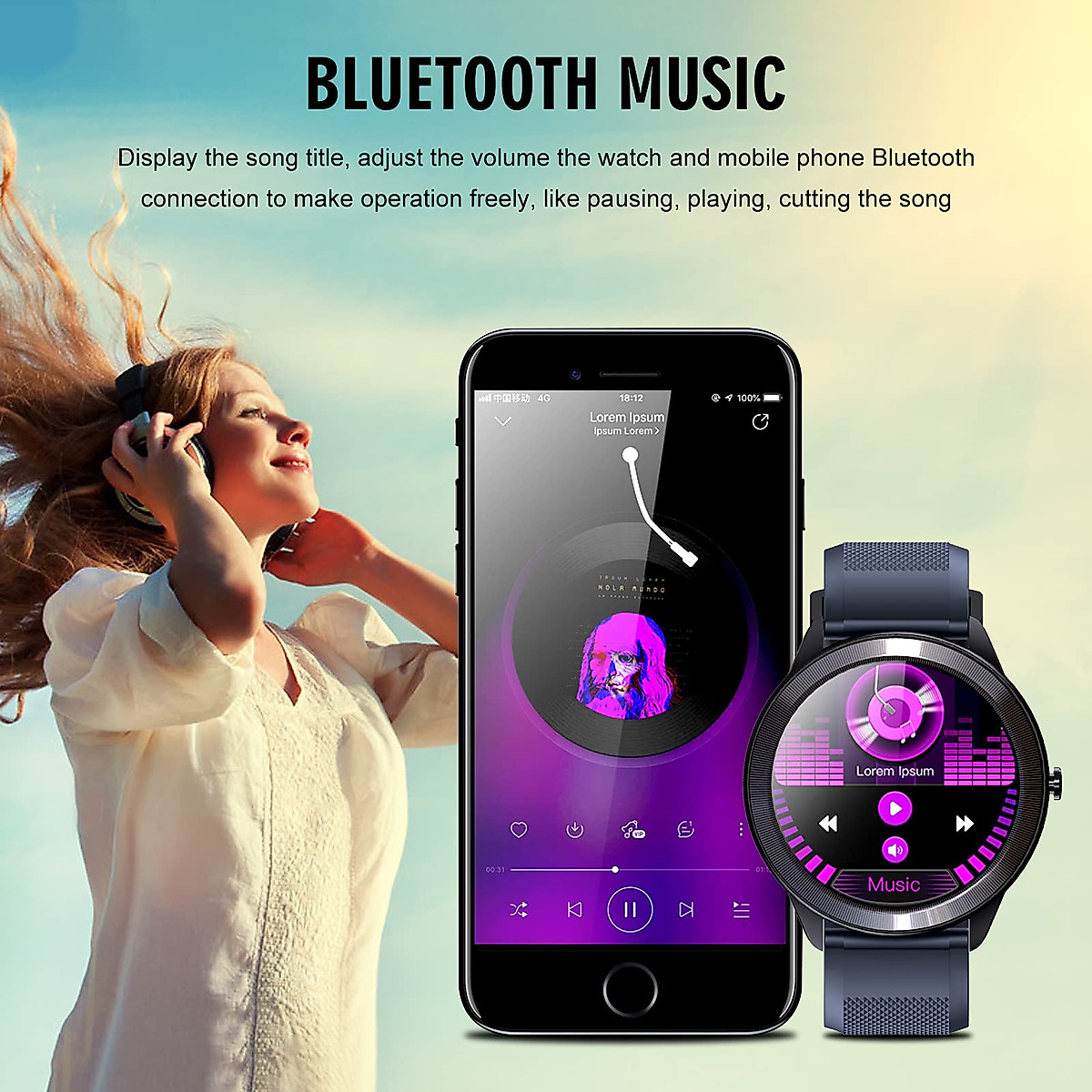 Smart Watch, 1.28''HD Fitness Tracker with Touch Screen Heart Rate Monitor Camera Music Control, Bluetooth Sport Watch for Women Men, IP68 Waterproof SmartWatch Compatible with iPhone Android (Blue)