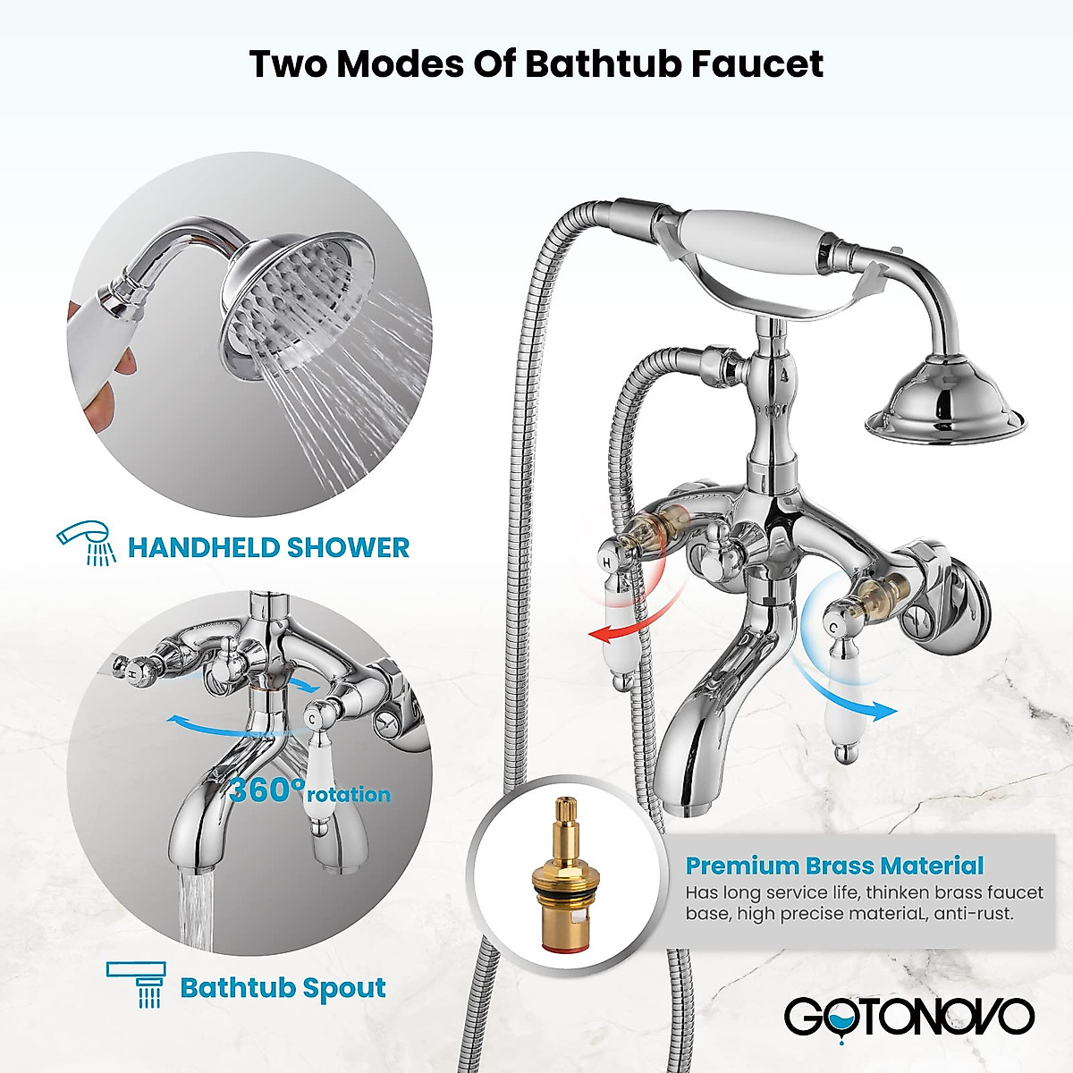 gotonovo Polish Chrome Clawfoot Tub Faucet Wall Mount Hand Held Shower Bathtub Faucet Set Double Level Handle with 6 Inch Center with Adapter Adjustable Swing Arms