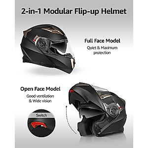 Motorcycle Modular Full Face Helmet DOT Approved - YEMA Helmet YM-925 Motorbike Casco Moto Moped Street Bike Racing Helmet with Sun Visor for Adult Youth Men and Women - Matte Black,M