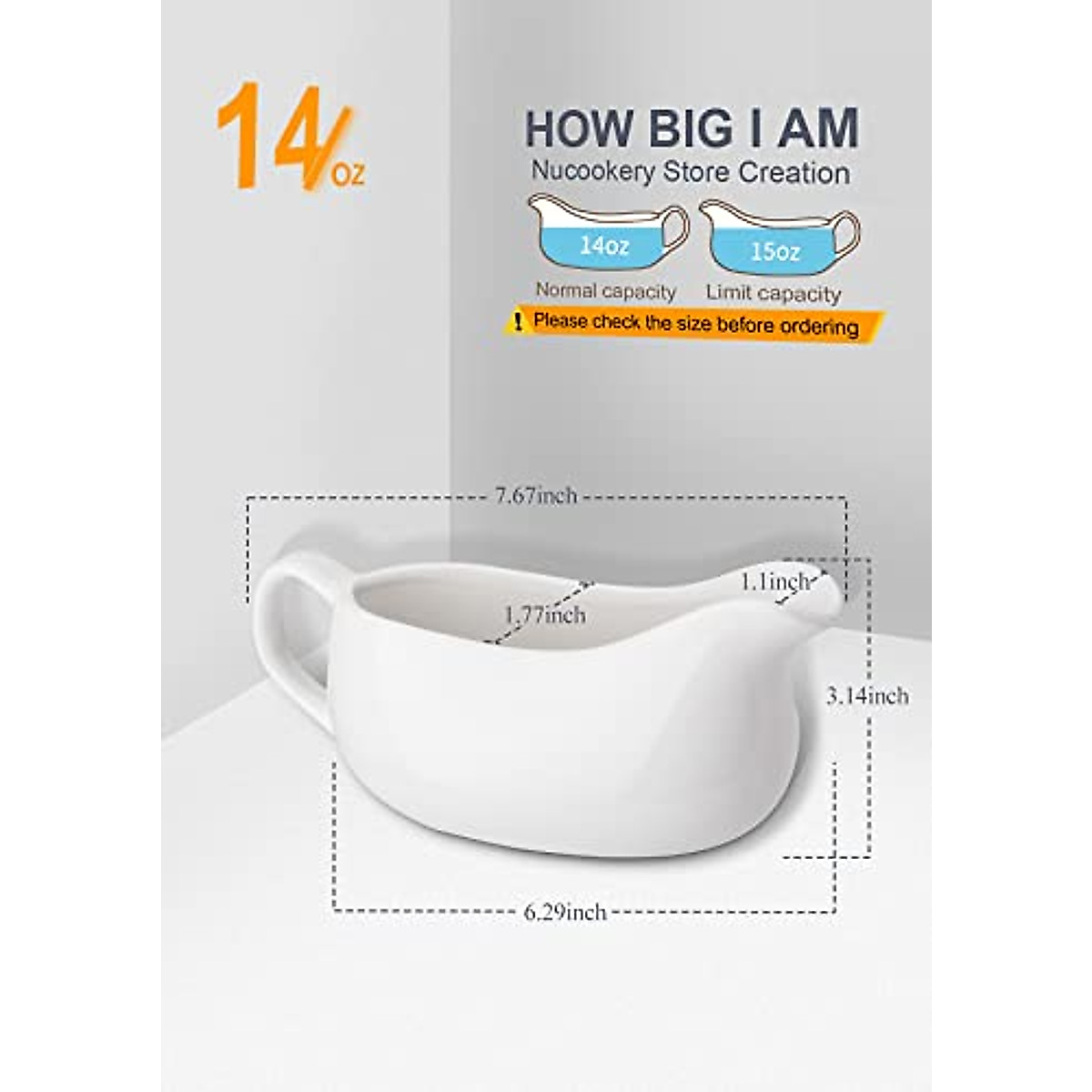 Nucookery Large 14 Oz Gravy Boat With Ergonomic Handle | White Fine Porcelain Saucier With Big Dripless Lip Spout | For Gravy, Warming Sauces, Salad Dressings, Milk, More | Microwave & Freezer Safe
