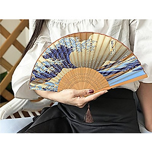 OMyTea® Landscape 8.27"(21cm) Folding Hand Held Fan - with a Fabric Sleeve for Protection for Gifts - Japanese Vintage Retro Style (Kanagawa Sea Waves)