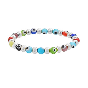 Edforce Stainless Steel Women Enamel Evil Eye Protection Beaded Link Chain Elastic Bracelet (Multi Color Silver)