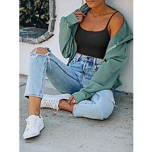 REORIA Women's Summer Sexy Sleeveless Adjustable Spaghetti Strap Cami Camisole Basic Fitted Seamless Yoga Cropped Tank Cute Crop Tops Black Medium