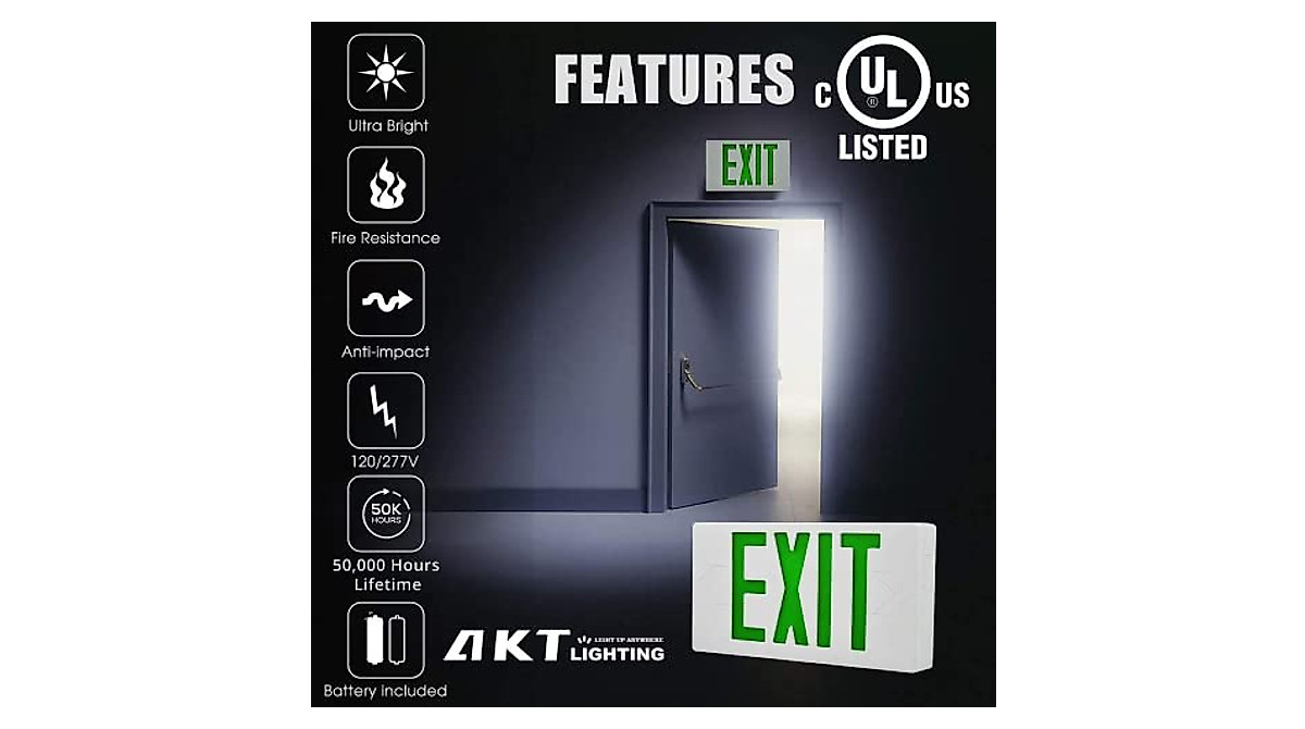 AKT LIGHTING Green LED Exit Sign - Emergency Backup Light