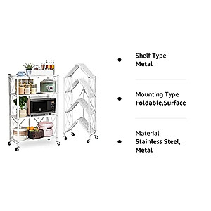 4 Tier Foldable Shelving Unit, Lanstics Folding Shelves Heavy Duty Storage Shelving with Wheels Metal Shelf Standing Shelves Units for Home Kitchen Living Room