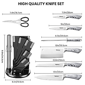 Velaze Knife Set with Block, 8 Pieces Stainless Steel Kitchen Knife Set with Spinning Block, Professional Chef Bread Knife Paring Knife Scissor Set, Built-in Sharpener, Grey…