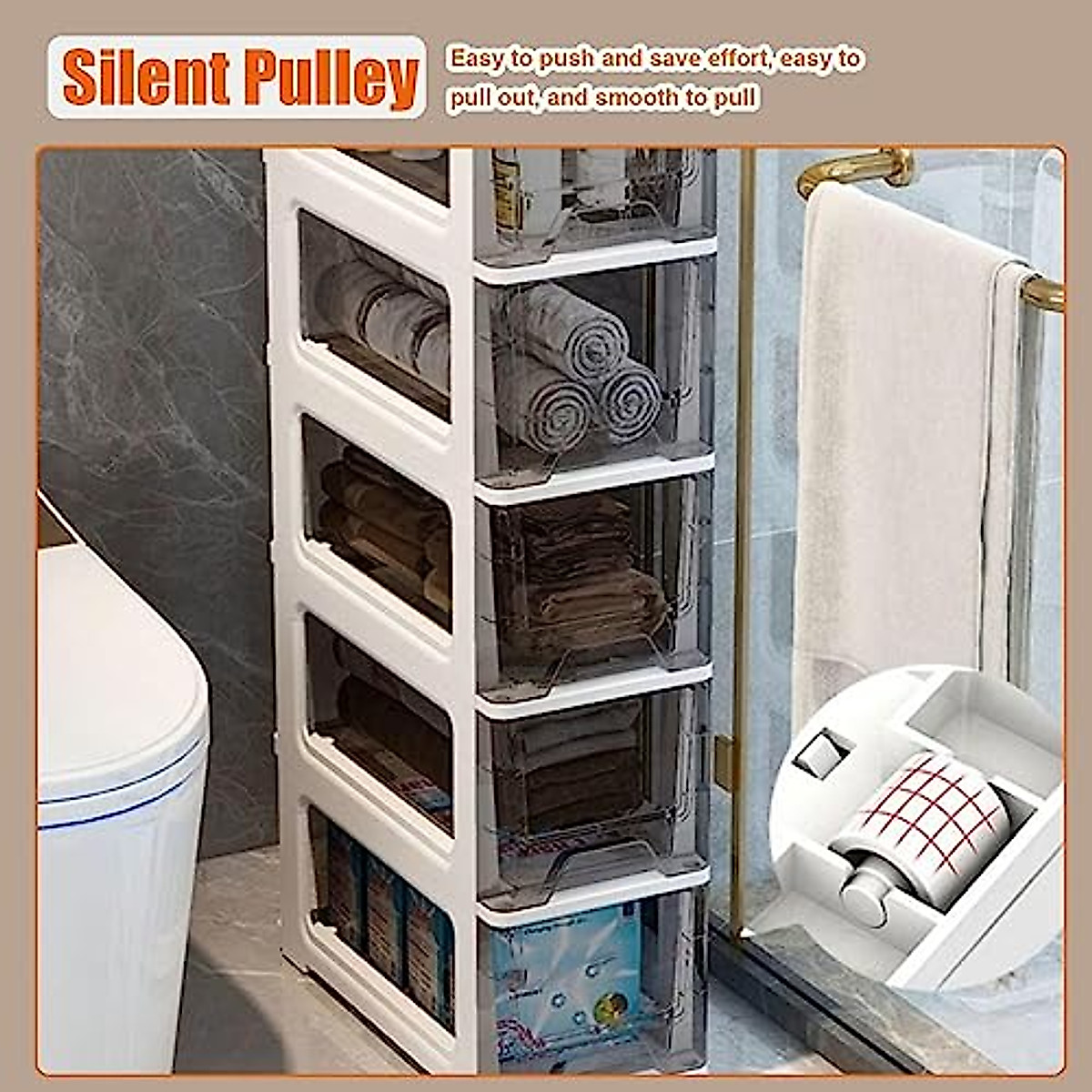 Bathroom Storage Cabinet with Doors and Shelves, Toilet Paper Storage, Waterproof Toilet Paper Storage Organizer, Narrow Storage Cabinet for Bathroom Storage,5 Tier,White top Tissue Box (5 Tier Brown