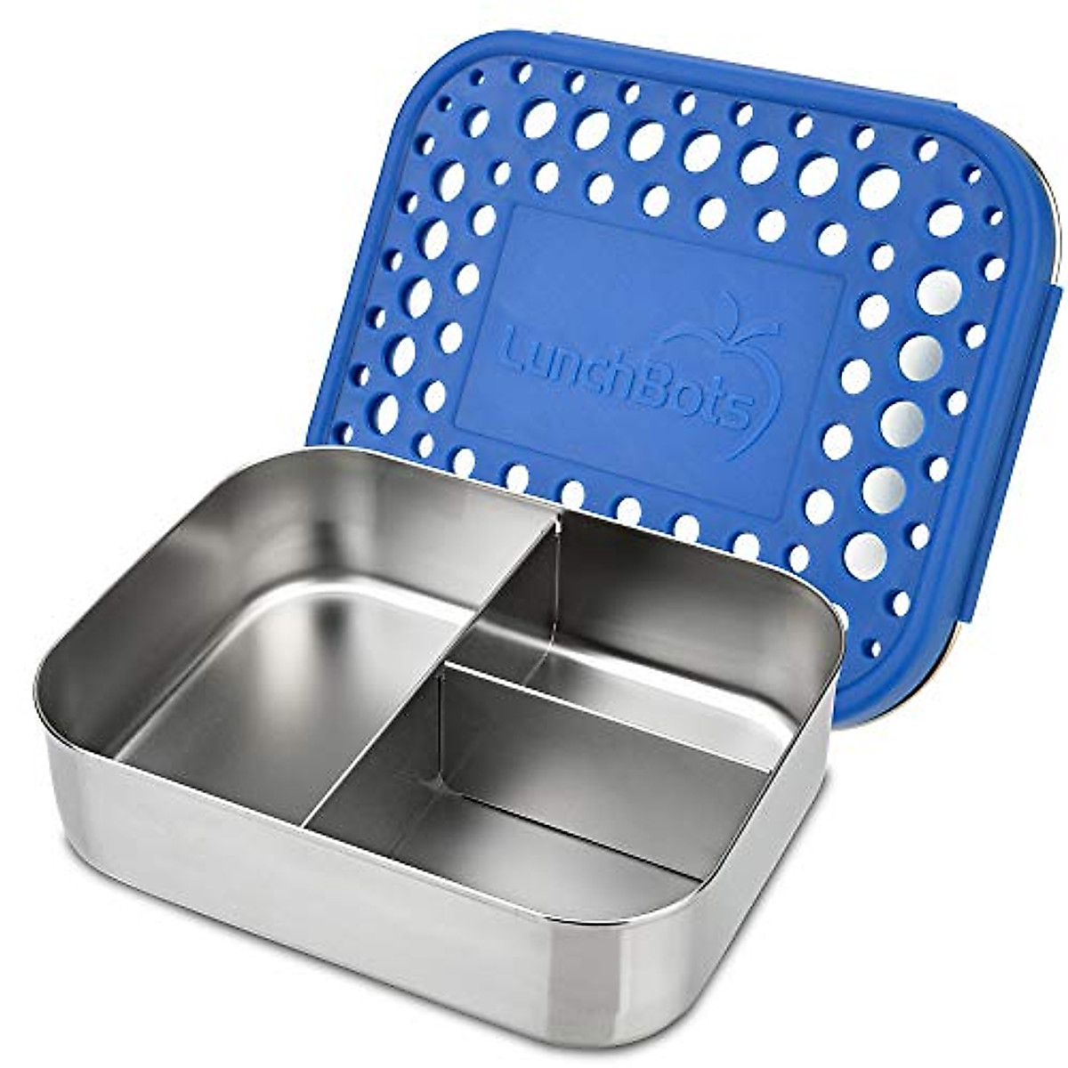 LunchBots Medium Trio II Snack Container - Divided Stainless Steel Food Container - Three Sections for Snacks On the Go - Eco-Friendly, Dishwasher Safe, BPA-Free - Stainless Lid - Blue Dots