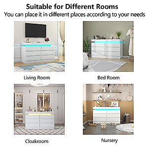 Gyfimoie 6 Drawer Dresser with Power Outlet, White Dresser with LED Light, Modern Chest of Drawers for Closet, Double Wide Drawer Organizer Cabinet for Bedroom, Living Room, Entryway, Hallway