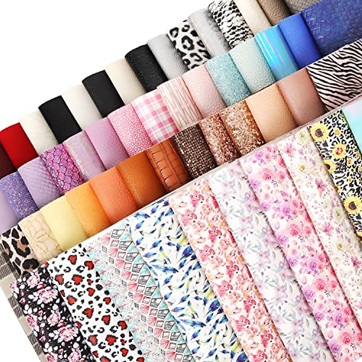 LOTOFUN 30 Pieces Random Colors Faux Leather Sheets 8X 6Inch Multiple Styles Mixed Glitter Grain Texture Embossed Leopard Pattern Printed Colored Leather for Earrings Making Hair Bow and Crafts DIY