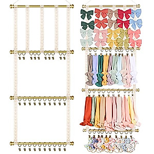 CN Headband Organizer Holder for Baby Girls, Bow Holder for Girls Hair Bows, Hair Accessories Hanger Boho Ribbon Storage with 30 Bronze Clips for Nursery Hanging Room Decor For Wall
