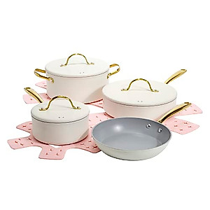 Paris Hilton Iconic Nonstick Pots and Pans Set, Multi-layer Nonstick Coating, Matching Lids With Gold Handles, Made without PFOA, Dishwasher Safe Cookware Set, 10-Piece, Cream