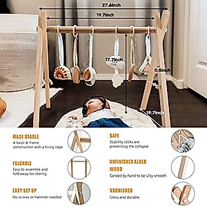 Mallify Wooden Baby Play Gym, Toddler Activity Center with 6 Hanging, Folding Hanging Bar, Pull Ring Toys, Easy to Assemble