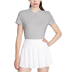 LastFor1 Women's Golf Polo Shirt Short Sleeves UPF 50+ Tennis Tops Active T-Shirt Quick Dry Zip Up Running Shirts Light Grey L