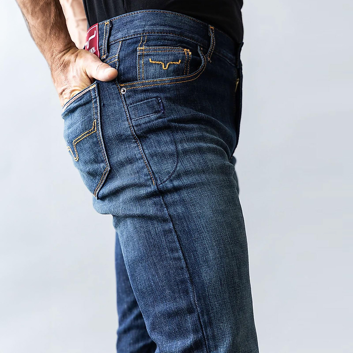 Kimes Ranch Men's Roger Casual Western Cowboy Classic Mid Low Rise Slim Fit & Boot Cut Blue Denim Jeans, 30W x 32L