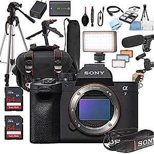 Sony a7 IV Mirrorless Camera Body (NO Lens) + LED Always on Light + 128GB Memory, Filters, Case, Tripod + More (28PC Bundle Kit)