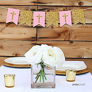 Andaz Press Gold Glitter Print Hanging Pennant Party Banner with String, Girl Baptism Pink and Gold Glitter Crosses, 9-Feet, 1-Set, Decor Paper Decorations, Not Real Glitter, Includes String