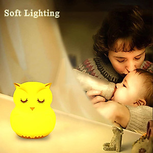 WHA&DARREN Large Owl Night Light for Kids,Cute Baby Night Light, Silicone Bedside Lamp, Sleep Lights, Eye Caring, Adjustable Brightness & Color, Time Setting, Touch+Remote Control