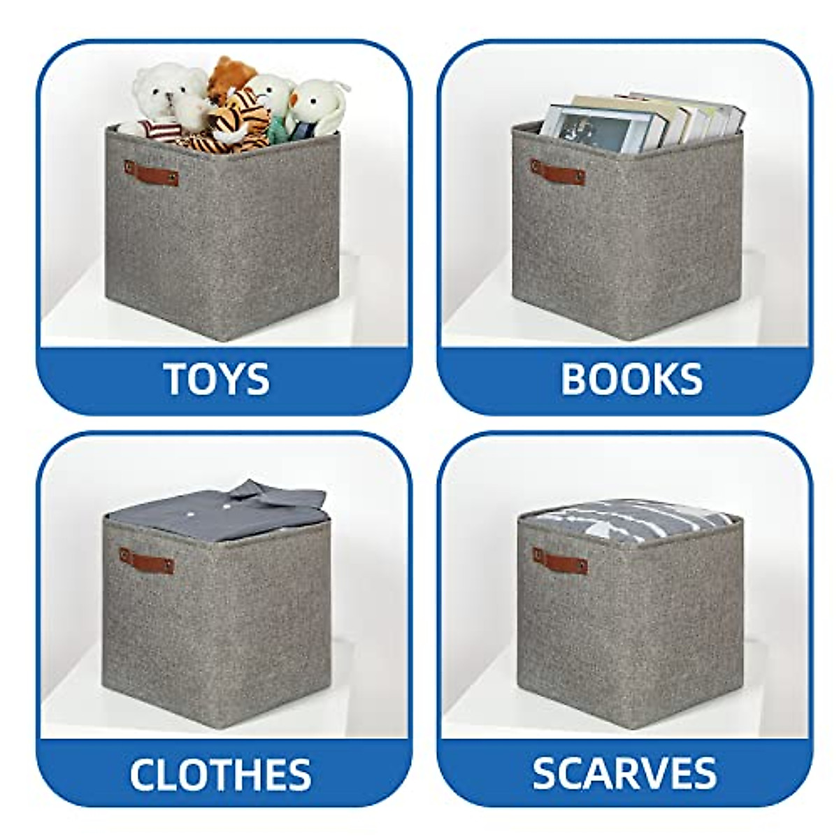 Temary Storage Baskets 13 Inch Fabric Storage Cubes for Shelves Set of 4 Storage Cube Bins for Home, Office, Storage Organizers for Toys with Leather Handles(Grey)