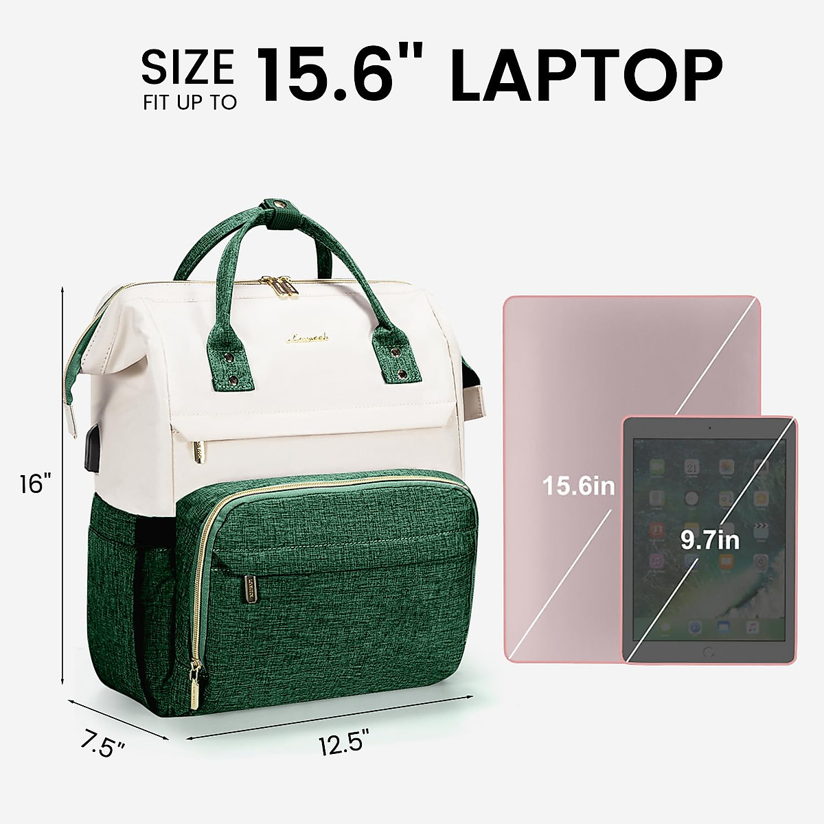 LOVEVOOK Laptop Backpack Purse for Women, Fashion Work Travel Bags, Business Computer Backpacks, Doctor Nurse Backpack with USB Port, fits 15.6-Inch Laptop, Beige-Dark Green