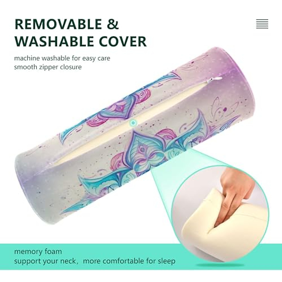 xigua Abstract Flowers Neck Roll Pillow for Neck Relief with Removable Washable Cover - Memory Foam Round Cylinder Bolster, Ergonomically Designed for Head, Neck, Back, and Legs