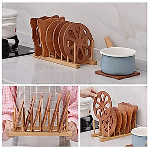 LZYMSZ Set of 2 Bamboo Wooden Dish Rack, Plate Rack Stand Pot Lid Holder, Kitchen Cabinet Organizer for Bowl, Cup, Cutting Board and More