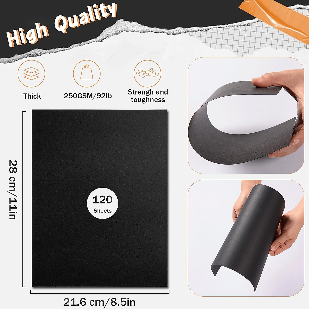 120 Sheets Black Cardstock 8.5 x 11" Thick Paper, 250gsm/92lb Heavy Card Stock Construction Paper, Premium Printer Paper for DIY Crafts, Card Making, Scrapbook Supplies, Invitations, Menus, Postcards