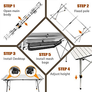 CampLand Aluminum Table with Storage net Height Adjustable Folding Table Camping Outdoor Lightweight for Camping, Beach, Backyards, BBQ, Party