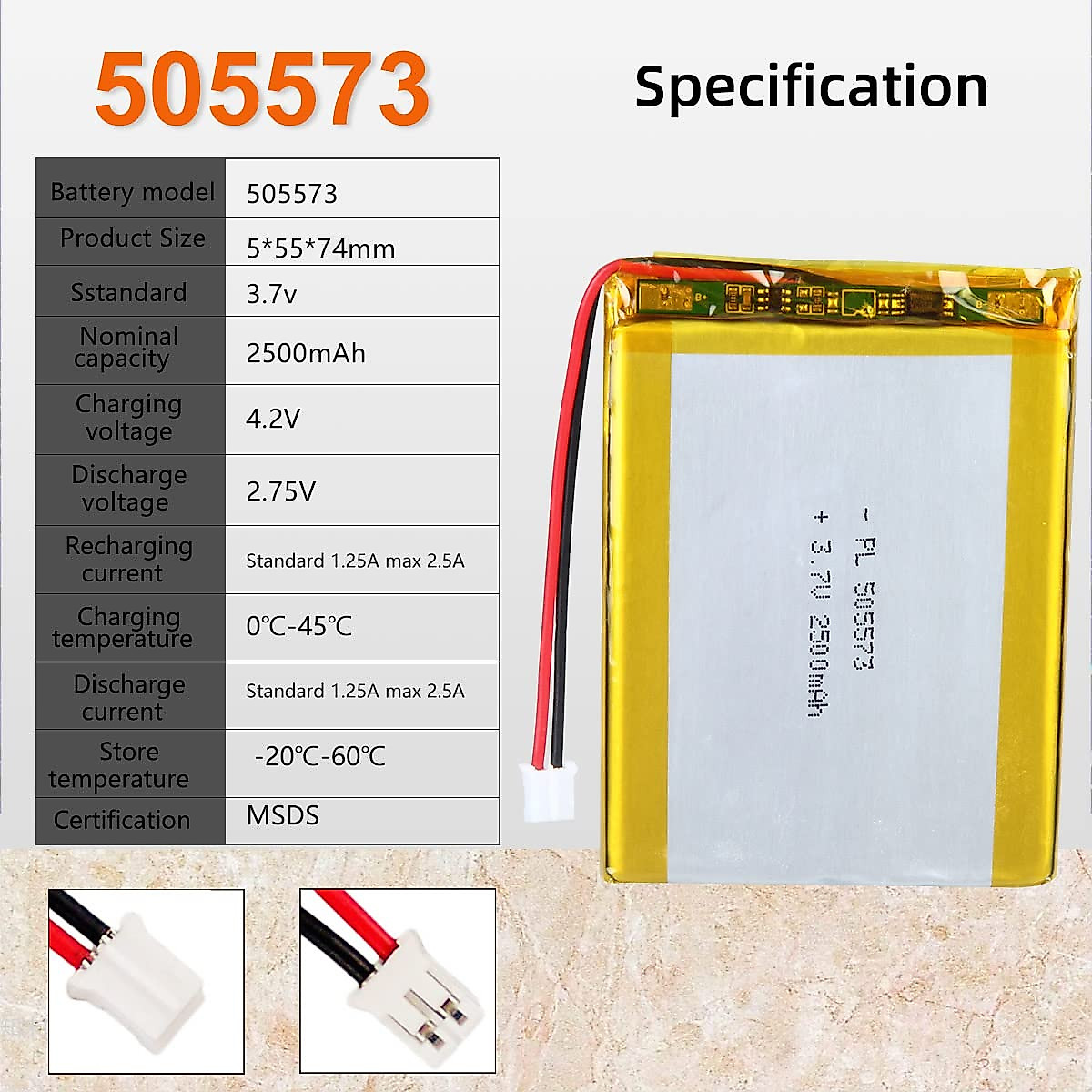 YDL 3.7V 2500mAh 505573 Lipo Battery Rechargeable Lithium Polymer ion Battery Pack with PH2.0mm JST Connector