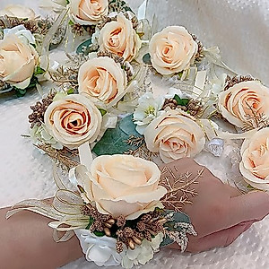 Daxi Events 6 PCS Rose Wrist Corsage for Bridesmaid, Mother of Bride and Groom Corsage, Girl Prom Flowers, Wedding Ceremony, Anniversary, Homecoming, Bridal Shower(Champagne)